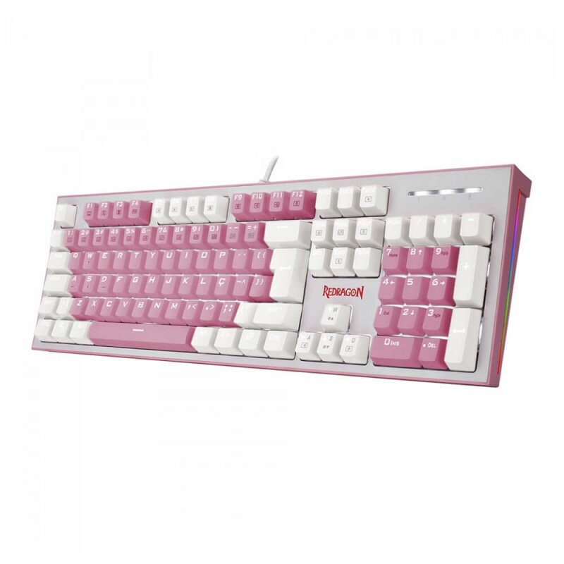 Teclado Gamer Mecânico Redragon K623 Hades RGB Rosa e Branco
