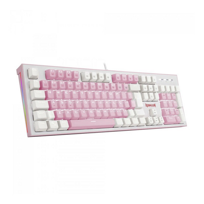 Teclado Gamer Mecânico Redragon K623 Hades RGB Rosa e Branco